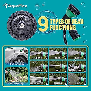 AquaFlex (US Patent) 50ft Super Light Weight Expandable Garden Hose, Water Hose with 9 Function Nozzle, Lightweight & No-Kink Flexible Garden Hose, Yard Hose for Watering, Green