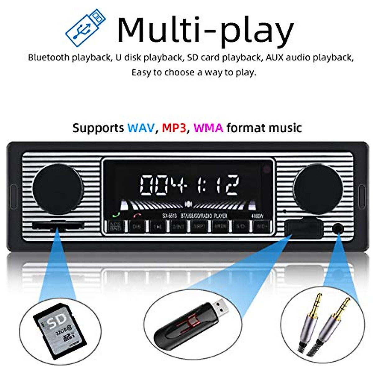 FYPLAY Classic Bluetooth Car Stereo , FM Radio Receiver, Hands-Free Calling, Built-in Microphone, USB/SD/AUX Port, Support MP3/WMA/WAV, Dual Knob Audio Car Multimedia Player, Remote Control