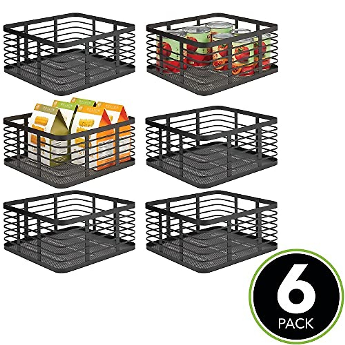 mDesign Steel Metal Wire Kitchen Food Storage Organizer Bin Basket for Pantry Organization - Wired Farmhouse Basket with Handle for Shelves - Carson Collection - 6 Pack, Matte Black