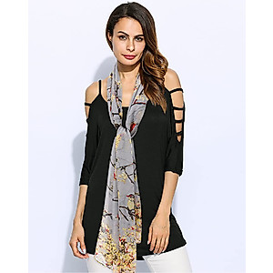 GERINLY Floral Birds Work Scarves for Womens Lightweight Cotton Shawls and Wraps Soft Thin Neckwear Head Scarf (Grey)