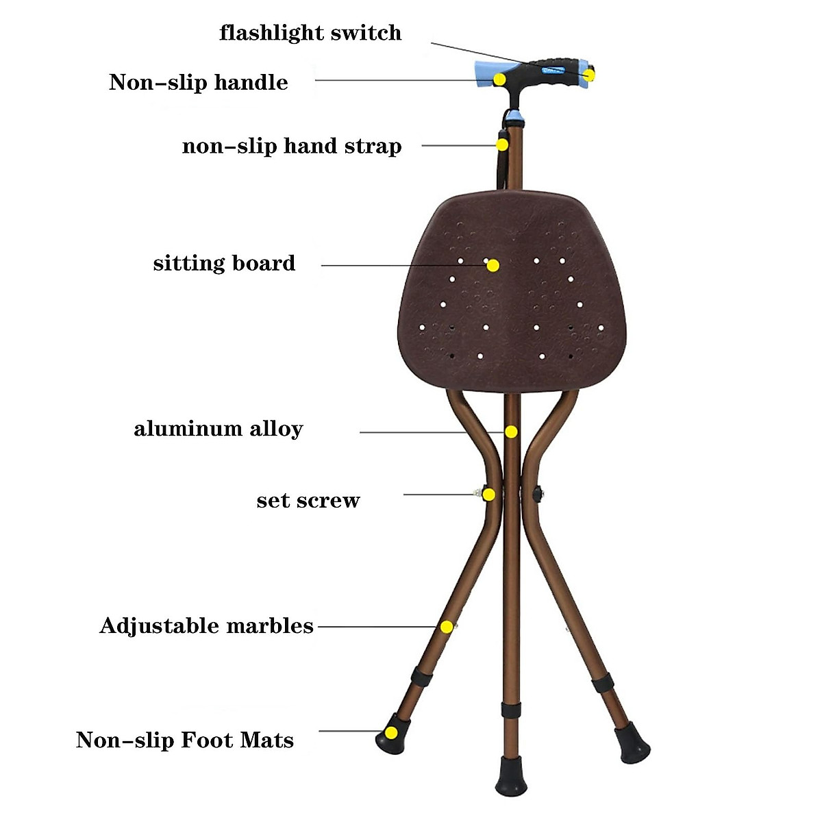 Walking Stick with LED Light, Foldable, Three-Legged Cane Chairs for Adults, Portable, T-Grip, Anti-Slip, Lightweight, for Disabled, Elderly, Aluminum Alloy (Size : Black)