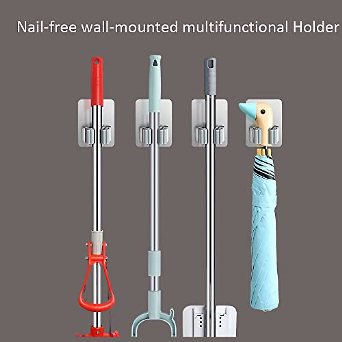 Mop Broom Holder Wall Mount,Holder Self Adhesive Broom Hanger Stainless Steel Tools Hanger for Home, Kitchen,Closet,Garden,Garage, Laundry,2 Pack