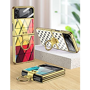 SHIEID Samsung Z Flip 4 Case, Z Flip 4 Case with Ring Phone Case, Electroplating Color Painting Tempered Glass Protective Cover for Samsung Galaxy Z Flip 4 5G, Rhombus Yellow