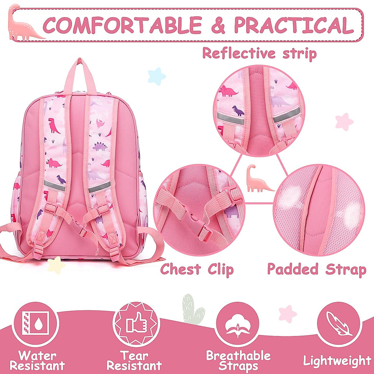 VASCHY Toddler Kids backpacks, Cute Lightweight Water Resistant Preschool Kindergarten Backpack for Girls Pink Dinosaurs