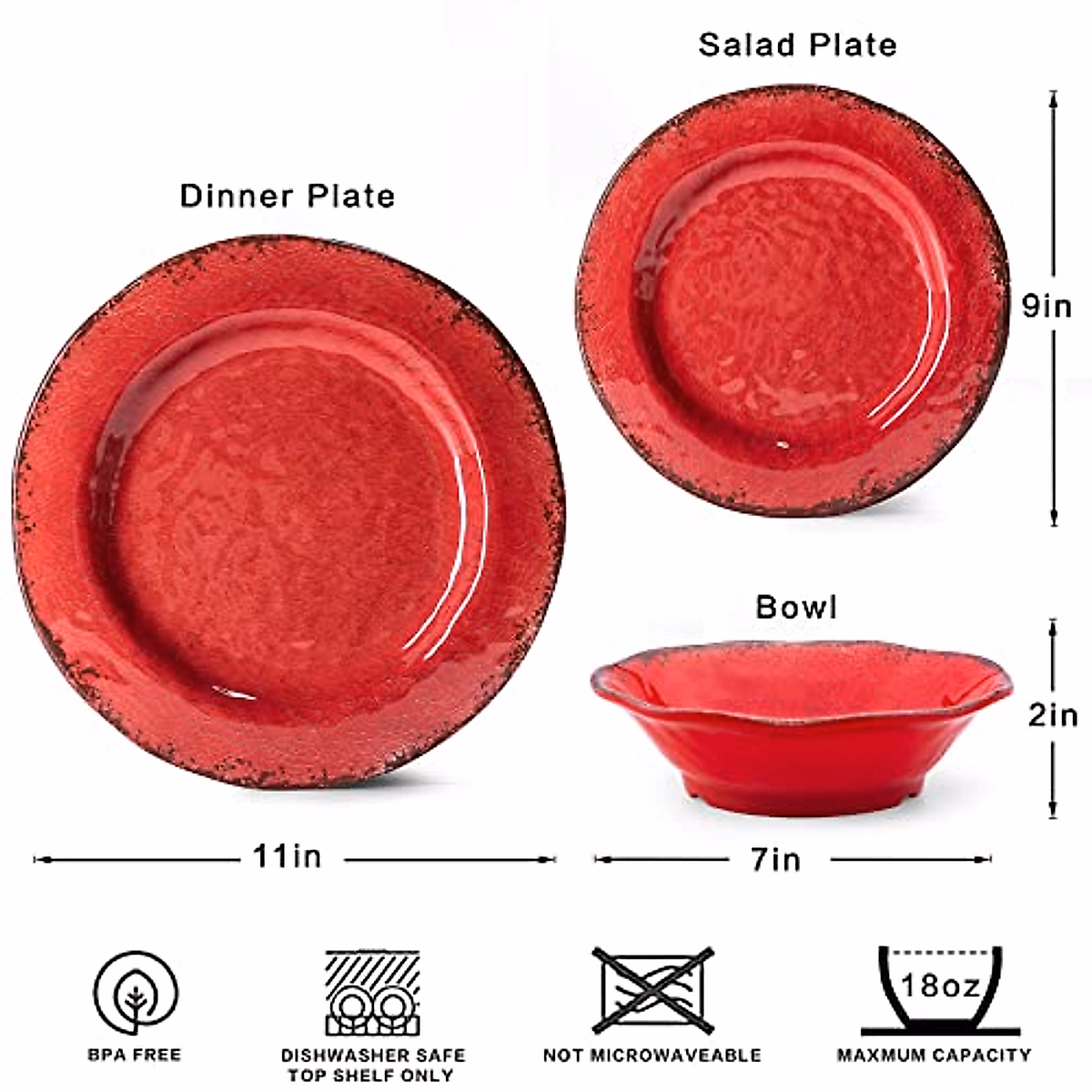 LEHAHA Farmhouse Plates and bowls set 12 Piece Melamine Dinnerware Sets for 4 People Lightweight and Unbreakable Dish Set Perfect for Indoor Outdoor Dining Party and Picnic Red