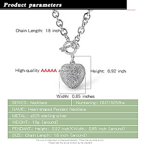 Dankadi New Women's 925 Sterling Silver Necklace Noble Heart Pendant Necklace Solid Silver Rolo Chain 17-19'' Birthday Party Jewelry Necklace Accessories (20)