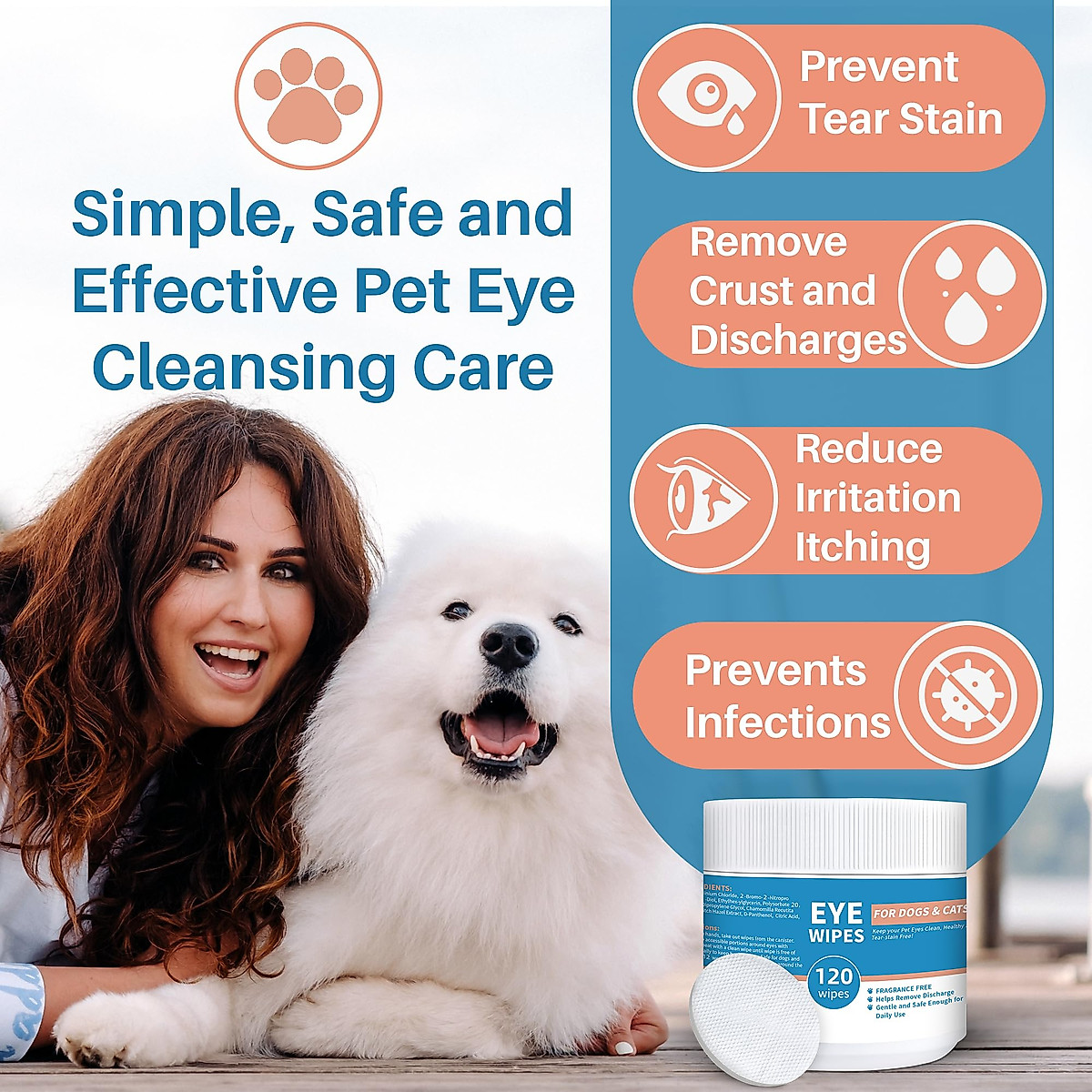 Dog Eye Wipes - 120Ct Tear Stain Remover for Dogs and Cats - 3.15" Presoaked Eye Wash Pads - Unscented Pet Eye Wipes for Remove Discharge and Crust