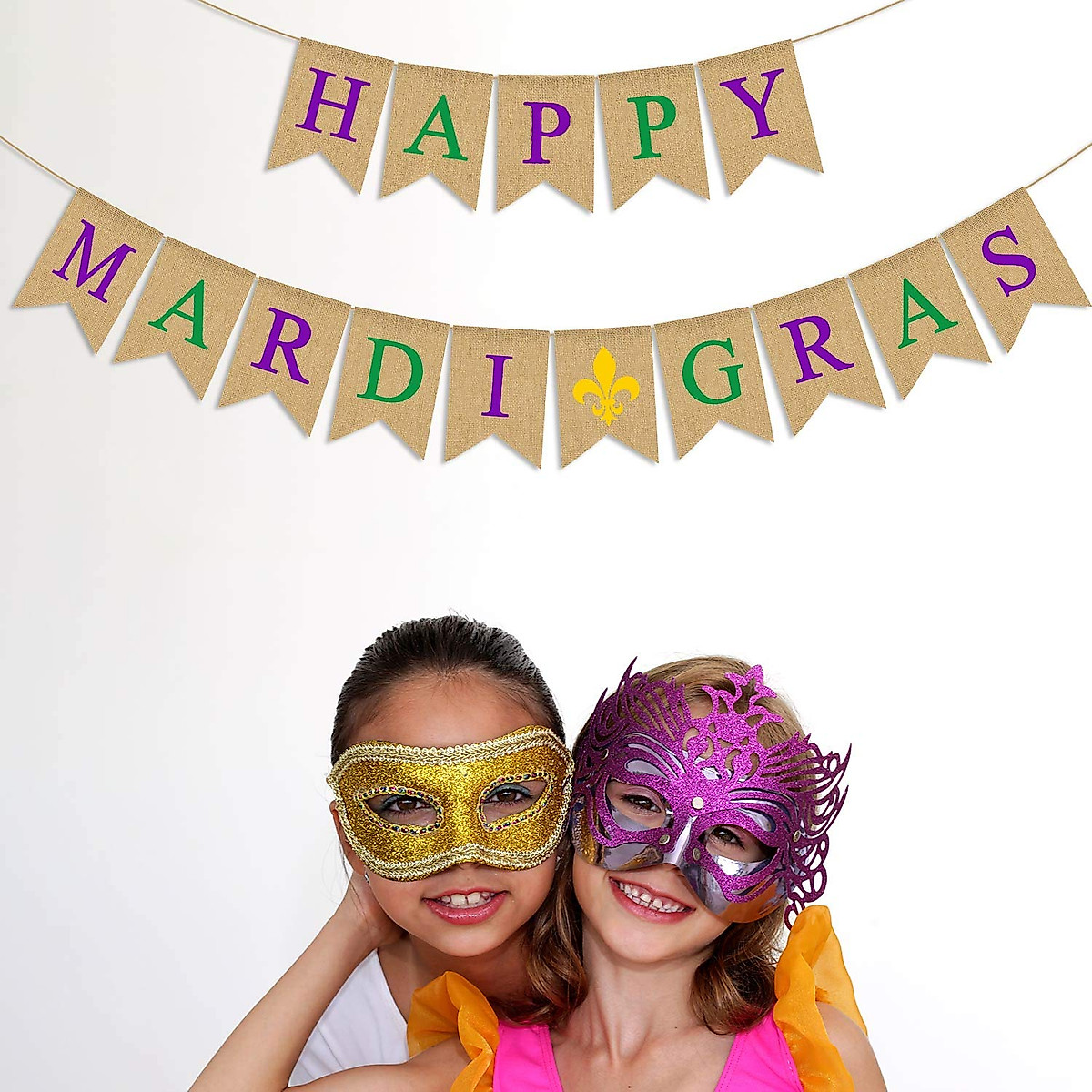 Rainlemon Jute Burlap Happy Mardi Gras Banner March Party Mantel Fireplace Garland Decoration Supply