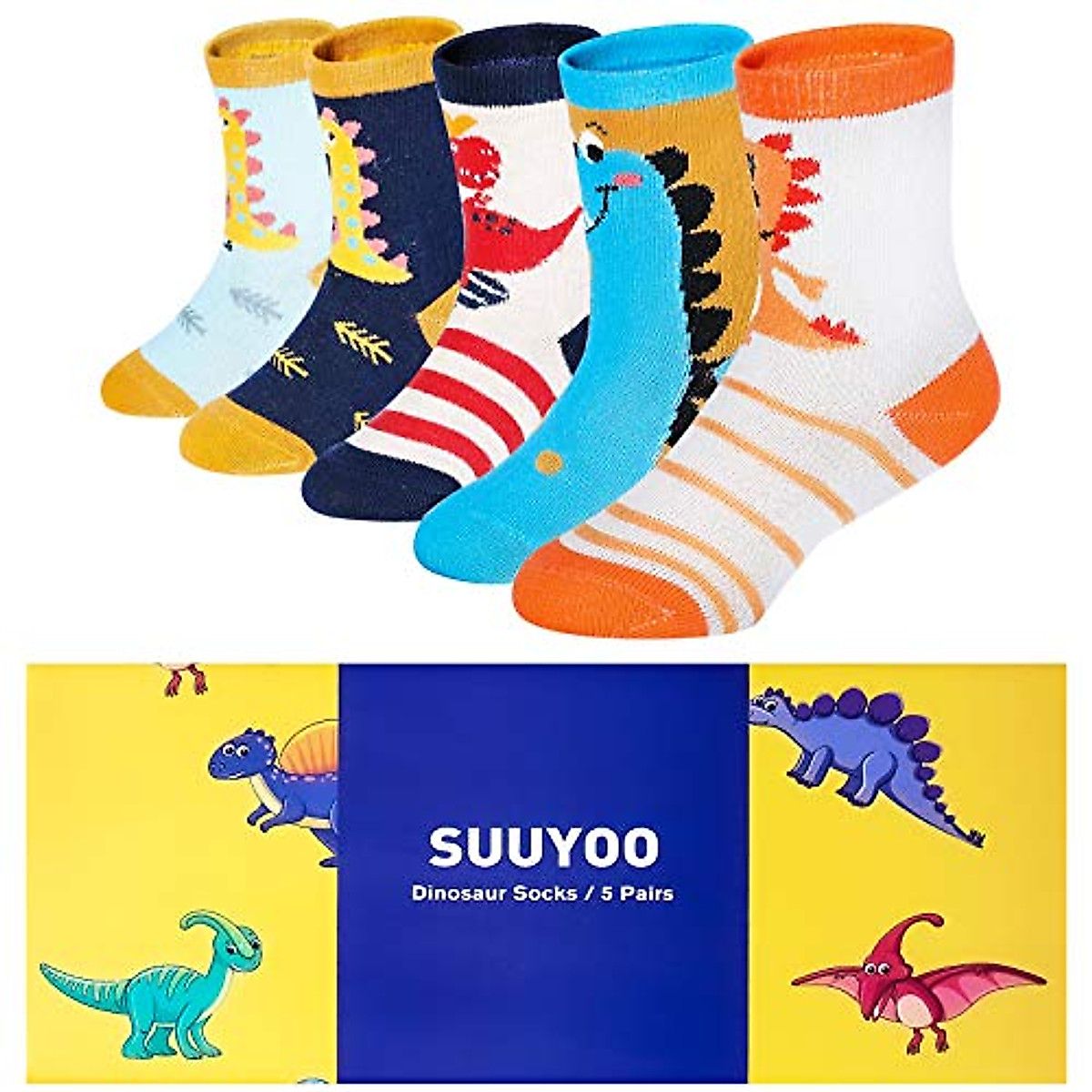 5 PACK Boys Dinosaur Socks, Cartoon Dino Pattern Cotton Crew Socks for Baby Toddler Little Kids, 3-8 Year Old Gift Set for Christmas