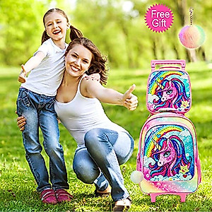 FTJCF 3PCS Rolling Backpack for Girls, Kids Unicorn Roller Bookbag with Wheels, Wheeled School Bag Set for Elementary -Rainbow