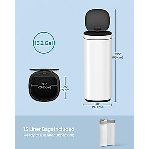 SONGMICS Motion Sensor Trash Can, 13 Gallon Automatic Kitchen Garbage Can, Multi-Colored Indicator Lights, Ozone Odor Control, Stay-Open Lid, Tall, Stainless Steel, White ULTB620W50