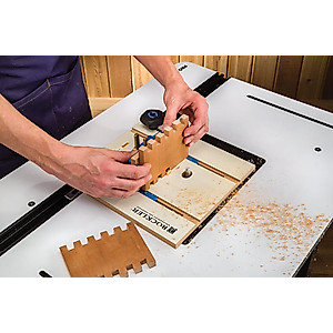 Rockler Wood Router Table Box Joint Jig – Miter Box with Comfortable Ergonomic Knobs – Router Jig Includes Solid Brass Indexing Keys of Three Finger Widths (1/4'', 3/8'', 1/2'')- Table Saw Accessories