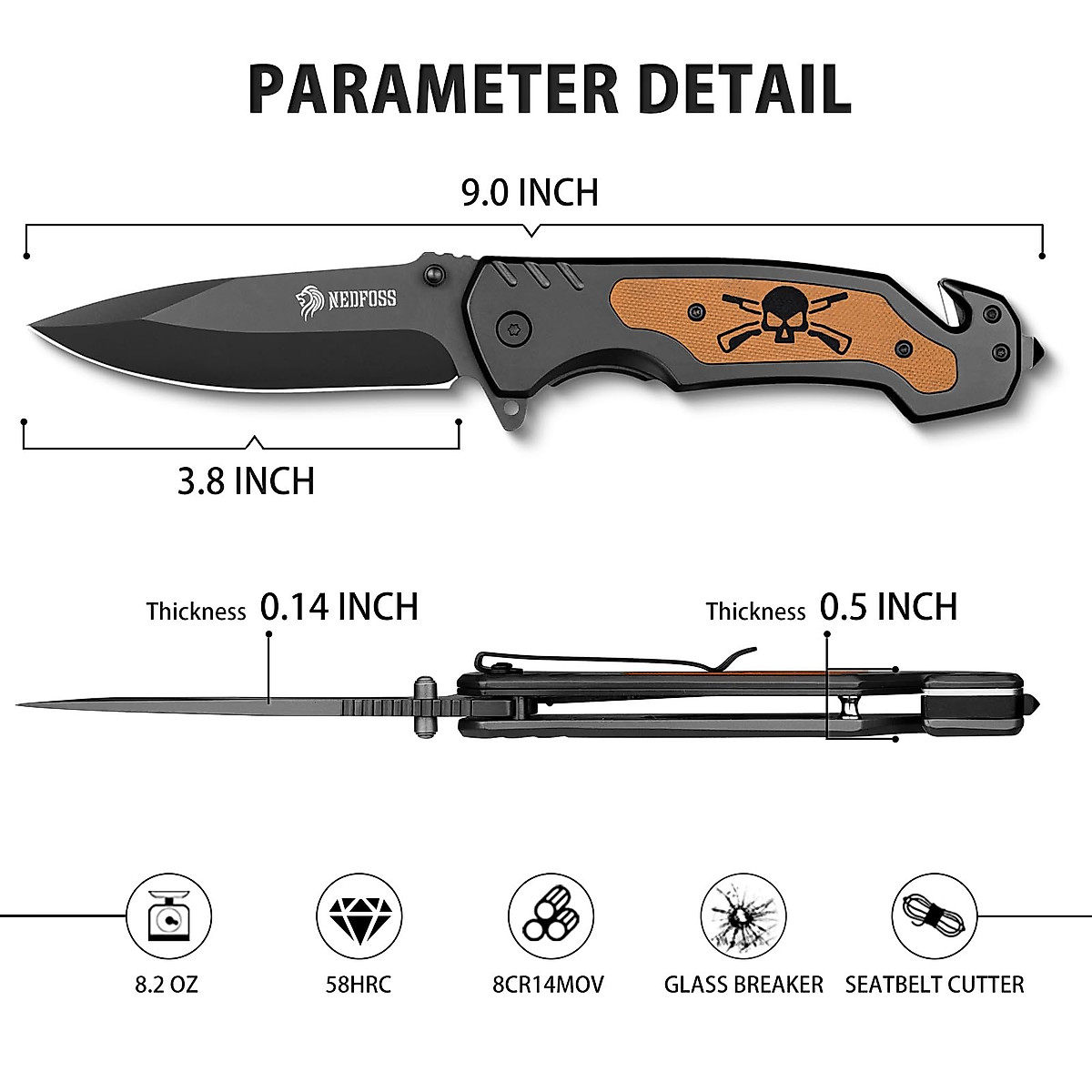 NedFoss Knifes Pocket Knives for Men, Folding Pocket Knife with Glass Breaker, Seatbelt Cutter, G10 Handle, Thumb Stud for Emergency Rescue, Household, Workshop (FA18)