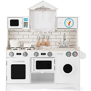HONEY JOY Kids Kitchen Playset, 31 Inch Rooftop Wooden Play Kitchen for Toddlers, Microwave, Clock, Washing Machine, Cookware, Little Chef Pretend Play Toy Kitchen Set, Gift for Boys Girls, White