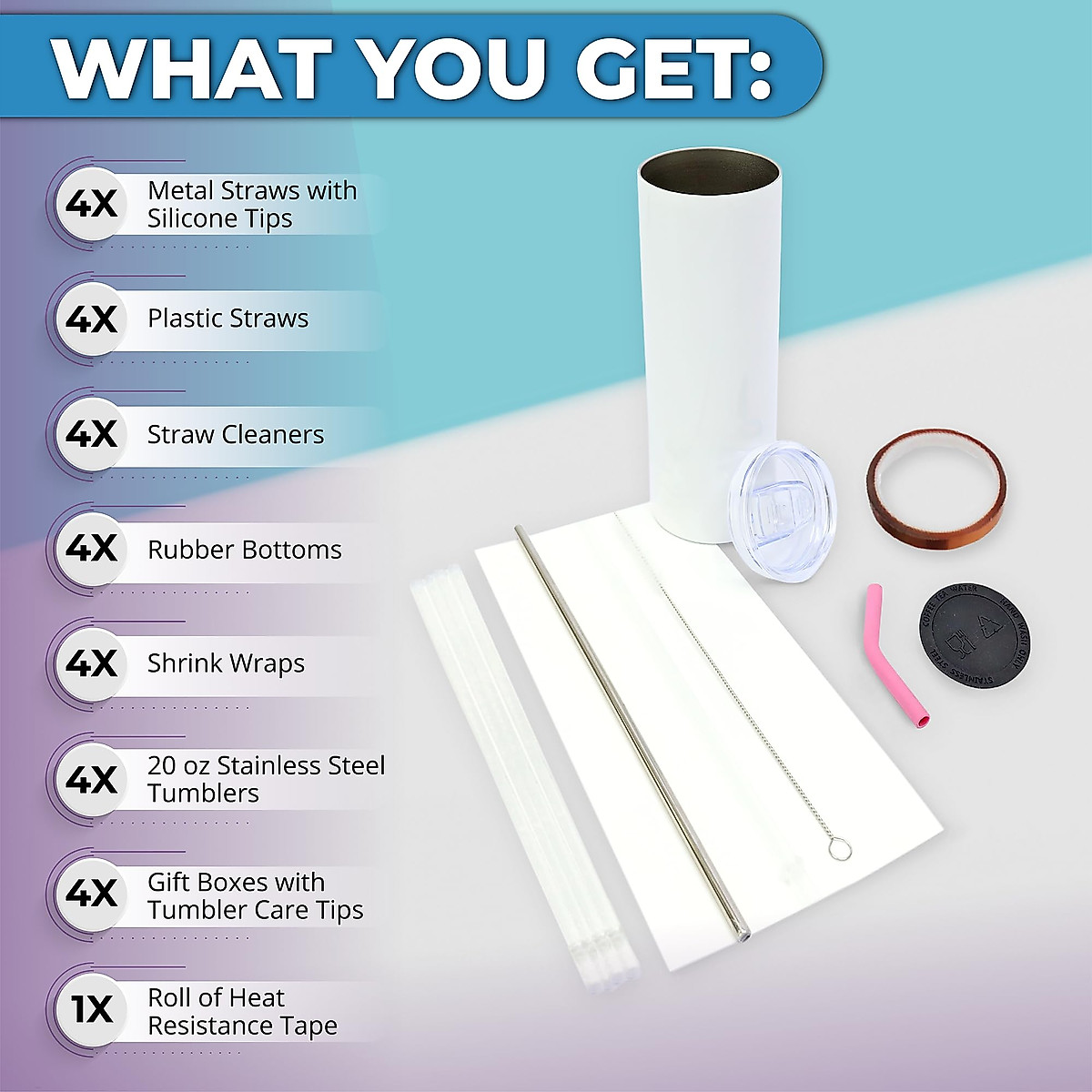 Topnotch Supplies Sublimation Tumblers - 20 oz Sublimation Tumbler Skinny Straight - Stainless Steel Insulated Cup, Lids & Straws - 20oz Blank Vacuum Insulated Double Wall Sublimation Blanks (4 Pack)