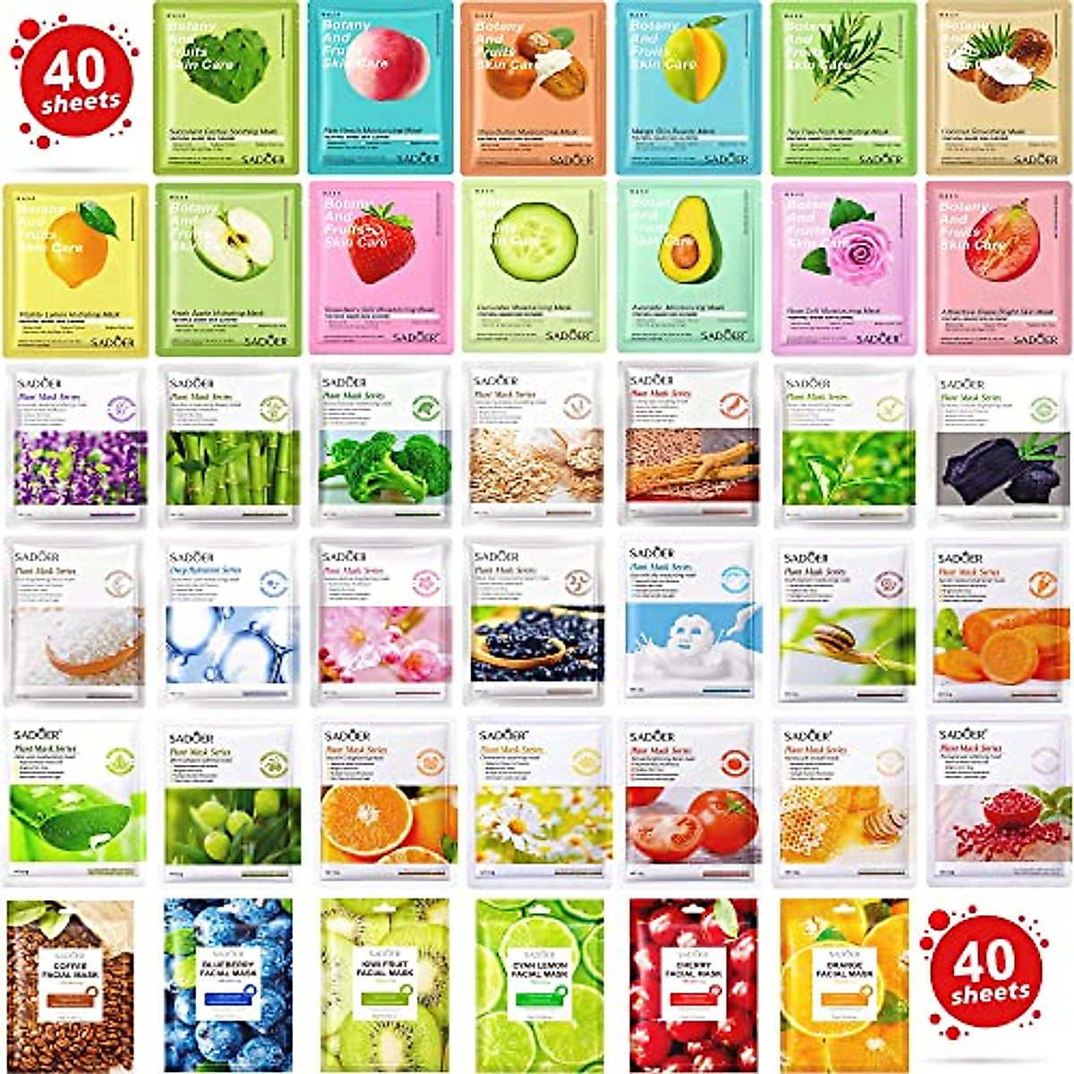 Meleell Collagen Sheet Mask For Women Skin Care,Anti-Aging,Hydrating Face Masks Sensitive And Soothing,Daily Mask For All Skin Type(Mixed sets, 40 Count)