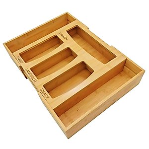 Expandable Ziplock Bag Storage Organizer for Kitchen Drawer, 1 Box 6 Slots Bamboo kitchen Ziplock Bag Organizer and Dispenser Suitable for Gallon, Quart, Sandwich & Snack Variety Size Bag, Cling Film