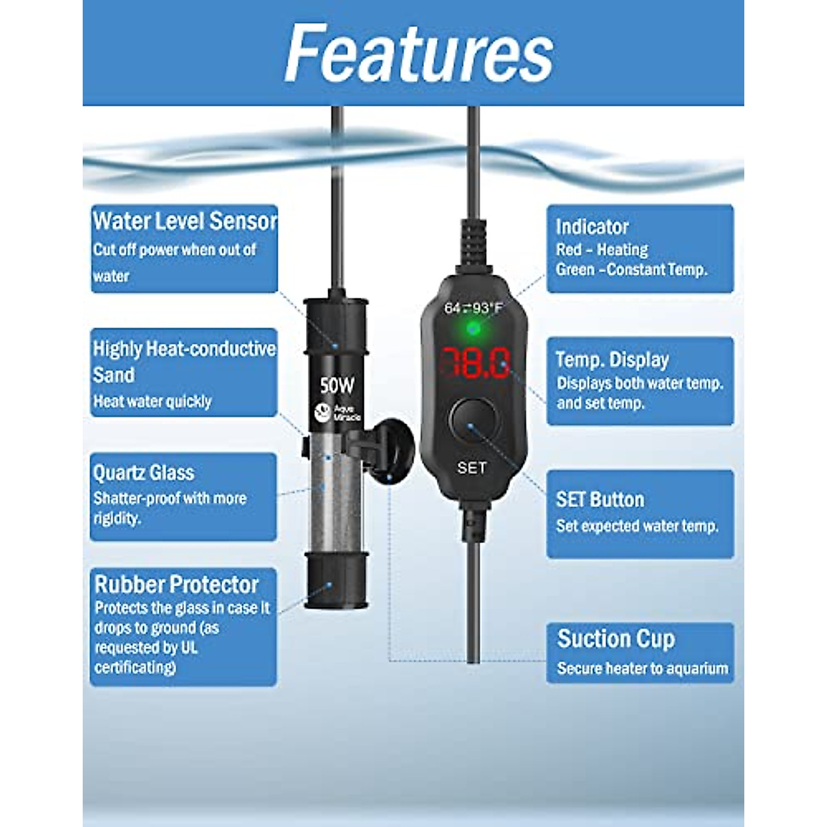 AquaMiracle Adjustable 50W Aquarium Heater Submersible Fish Tank Heater Super Short Aquarium Heater with LED Digital Display Thermostat, for Tanks 5-10 Gallons