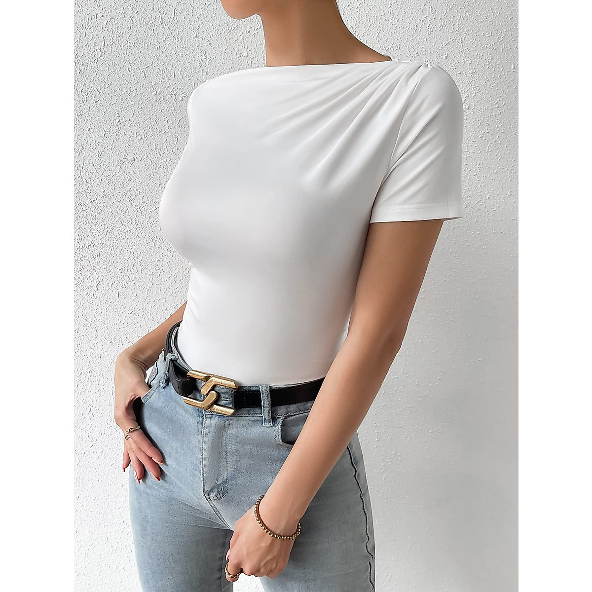 Verdusa Women's Ruched Boat Neck Short Sleeve Slim Fitted Tee T Shirt Top White M