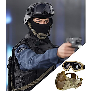 Yzpacc Airsoft Mask with Goggles, Foldable Half Face Airsoft Mesh Mask with Ear Protection for Paintball Shooting Cosplay CS Game