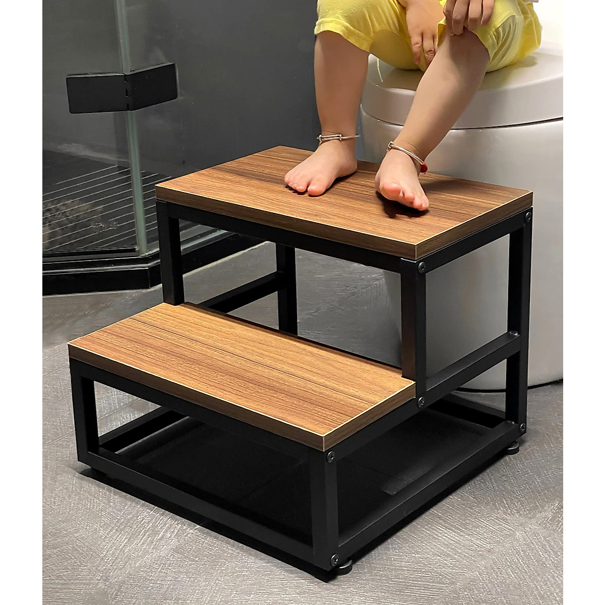 Step Stool for Adults and Kids, Wood and Metal Stepping Stool, 2 Steps with Corner Protectors, Bed Steps for High Bed, Elders and Toddler Stool for Bedroom, Bathroom, Kitchen (Brown)