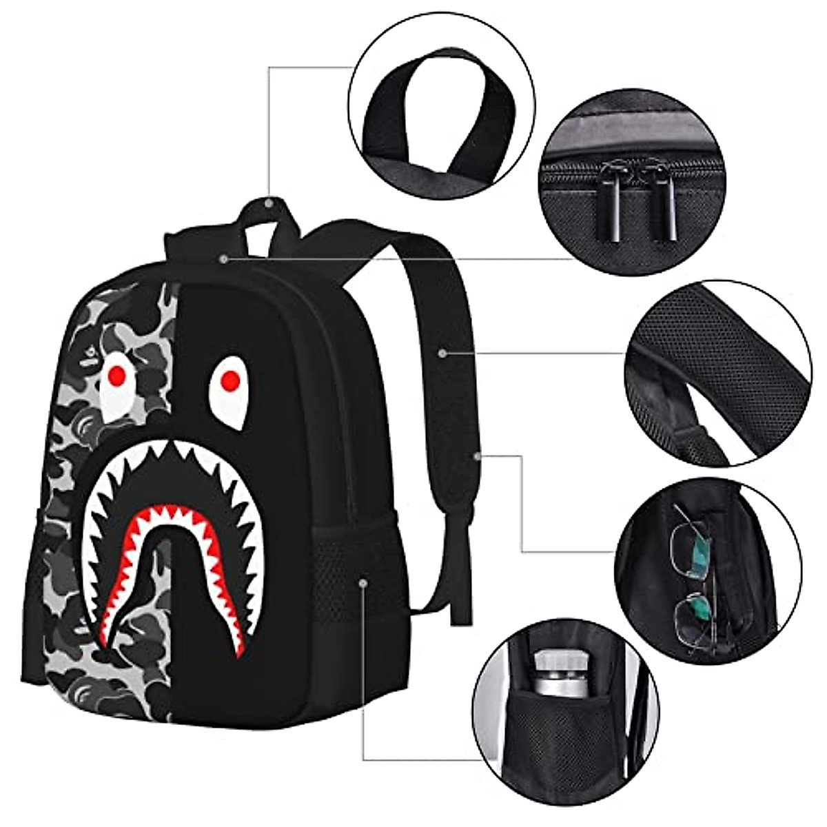 Shark Face Camo Gray Backpack College Ba&p_e Bookbag 17 Inch Casual Laptop Daypack For School Travel