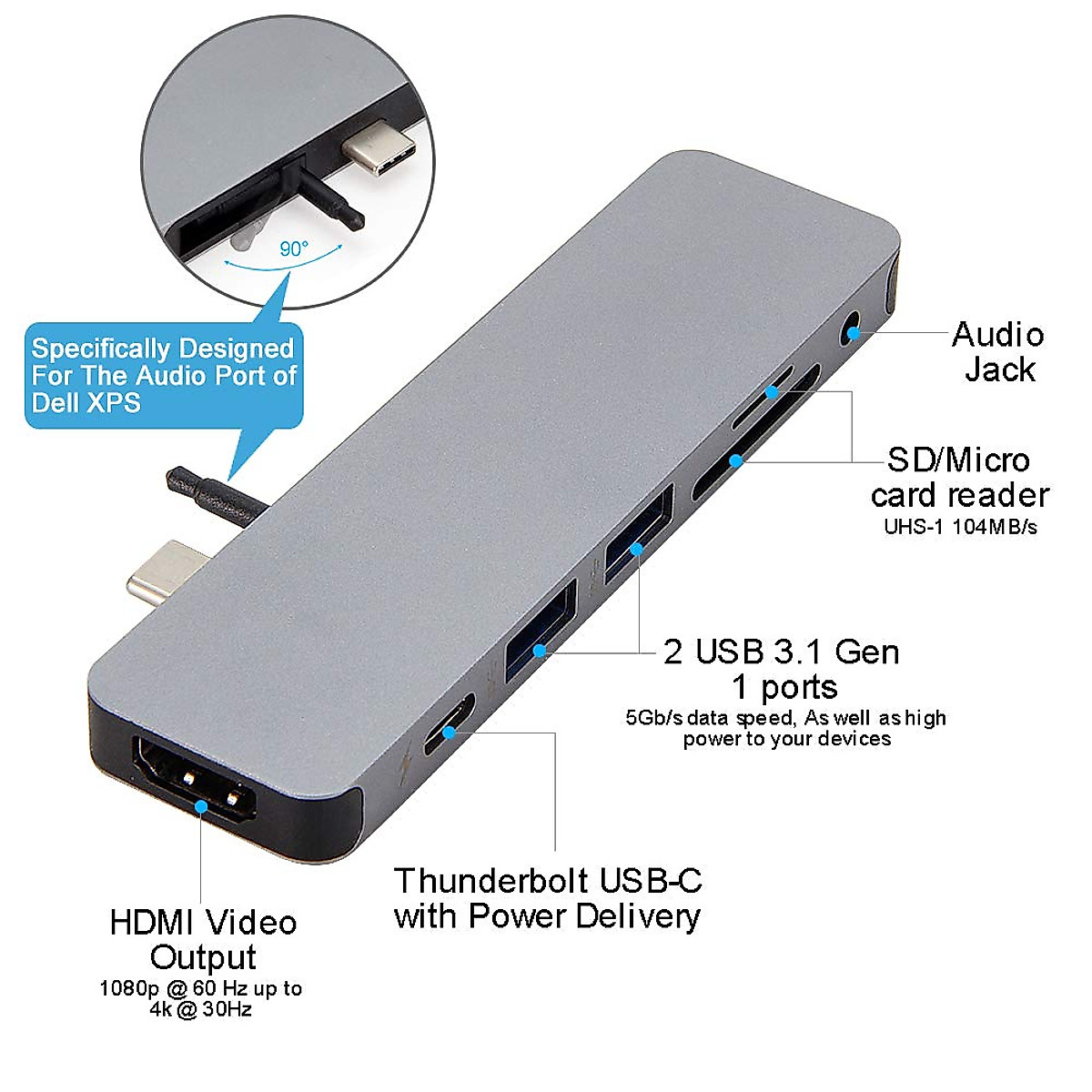 HyperDrive USB-C Hub Adapter, Sanho Solo 7-in-1 Type C Dongle for MacBook Pro, PC w USB-C Port: USBC 60W Power Delivery, USBC 5Gbps Data, 4K HDMI, microSD/SD Card Reader, 2xUSB 3.0, Audio Jack - Grey