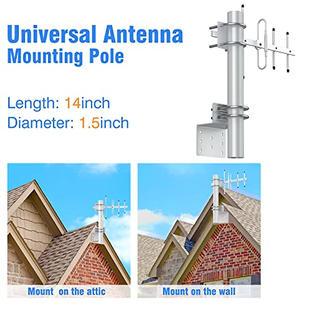 Antenna Pole Mount, Universal Antenna Installation Bracket Kit for Home Outdoor, Upgraded 14'' Inch Mounting Pole for Cell Phone Signal Booster/Antenna, Easy Installation with Double U-Bolts
