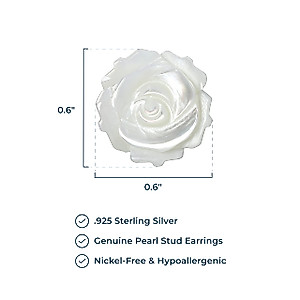 MORGAN & PAIGE Carved Mother of Pearl Rose Earrings, Handcrafted Rose Stud Earrings, Rhodium Plated Sterling Silver Mother of Pearl Earrings, Jewelry Gifts for Women