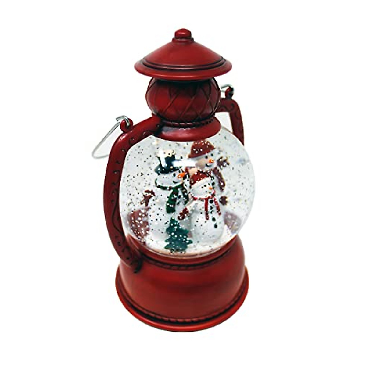 Christmas Decor Lighted Spinning Lantern Snowglobe with Snowman Family Scene, Red, Battery Operated (not included) - 7.6" H x 4.2" W x 5.2" D