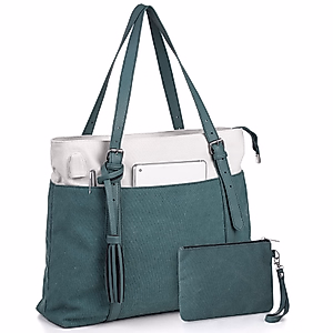 Tote Bag Women,Cute School Bag Bookbag for College,Small Work Purse with Pockets Laptop Compartment 15.6in,Canvas Zippered Shoulder Bag for Teacher Nurse,Green