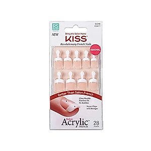 KISS Salon Acrylic French Nail Manicure Set, Real Short, Squoval, "Power Play", Nail Kit Includes Pink Gel Nail Glue (Net Wt. 2 g / 0.07oz.), Mini File, Manicure Stick, and 28 Fake Nails