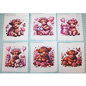 6 Piece 5"x5" Pink Valentine Baby Highland Cows 100% Cotton Fabric Panel Squares - Quilting Panel Blocks