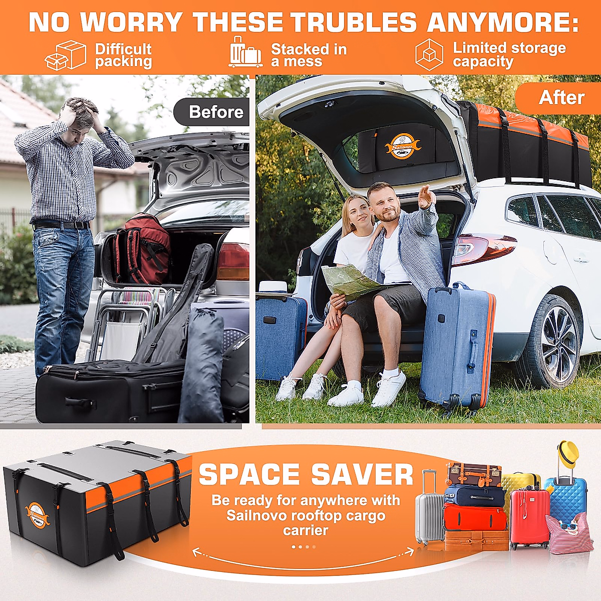 Sailnovo Rooftop Cargo Carrier 20 Cubic PVC Car Roof Cargo Carrier Waterproof Soft-Shell Includes Anti-Slip Mat, 6 Door Hooks, Car Top Carrier for Top of Vehicle with/Without Roof Rack Cross Bar