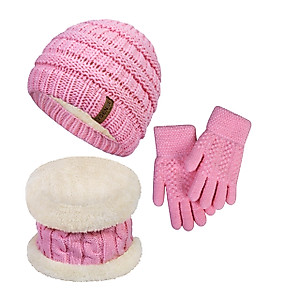 YSense 3 Pcs Kids Winter Beanie Hat Scarf Gloves Set Thick Knit Warm Fleece Lined Beanie Caps Mittens for Boys Girls Gifts