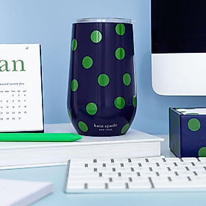 kate spade new york Insulated Stainless Steel Wine Tumbler, 16 Ounce Double Wall Tumbler, Blue Stemless Travel Cup with Lid, Sonnet Dot