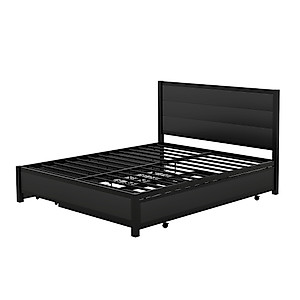 VilroCaz Queen Size Heavy Duty Metal Platform Bed with Twin Size Trundle and 2 Drawers, Mattress Foundation Platform Bed Frame with Headboard and Solid Slats Support for Bedroom Guest Rooms