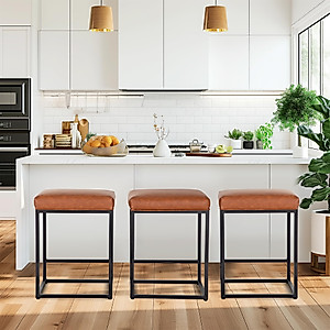 MAISON ARTS Counter Height 24" Bar Stools Set of 2 for Kitchen Counter Backless Modern Barstools Industrial Upholstered Faux Leather Stools Farmhouse Island Chairs, (24 Inch, Brown)