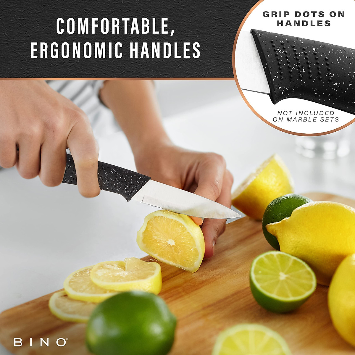BINO 2-Piece Stainless Steel Paring Knife & Utility Knife with Blade Guards Set - Speckled Black | Sharp Knife Set with Good Grip | Cooking Knives | Peeling & Cutting Fruits & Vegetables | Meal Prep