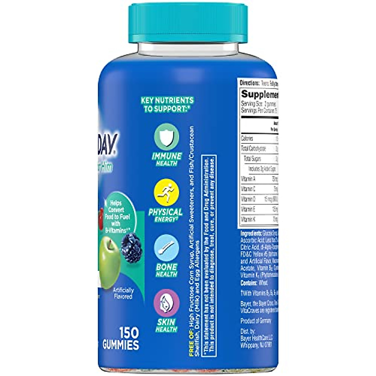 ONE A DAY Teen for Him Multivitamin Gummies Supplement with Vitamins A, C, E, B3, B6, B12, Calcium, and Vitamin D, 150 Count