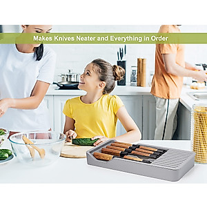 SOMIER Expandable Knife Organizer, Kitchen Drawer Knife Block with Adjustable Compact Flatware Cutlery Tray for Cooking Utensils, 2 Tier Knife Holder Insert for 11 Knives Storage, Gray