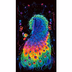 Timeless Treasures Glow Rainbow Peacock Black 24" Panel Premium Quality 100% Cotton Fabric by The Panel.