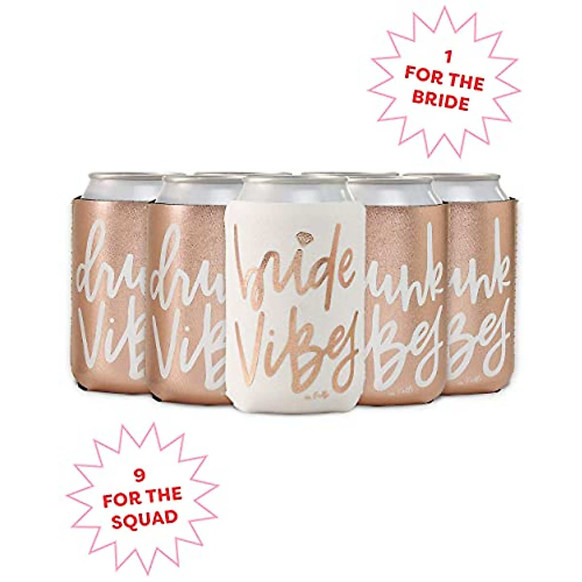 xo, Fetti Bachelorette Party Bride Vibes Can Cooler - White + Rose Gold, 10 Count | Neoprene Holder, Drink Sleeve,Bridal Shower, Engagement Party Decoration and Bride To Be Gift