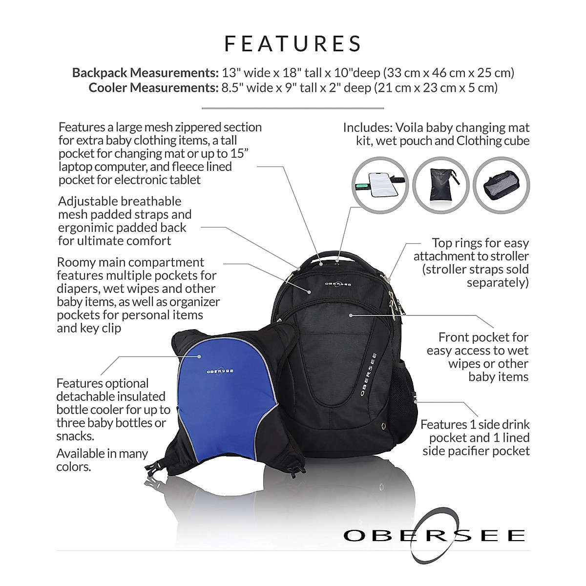 Obersee Oslo Diaper Bag Backpack with Detachable Cooler, Silver Grey