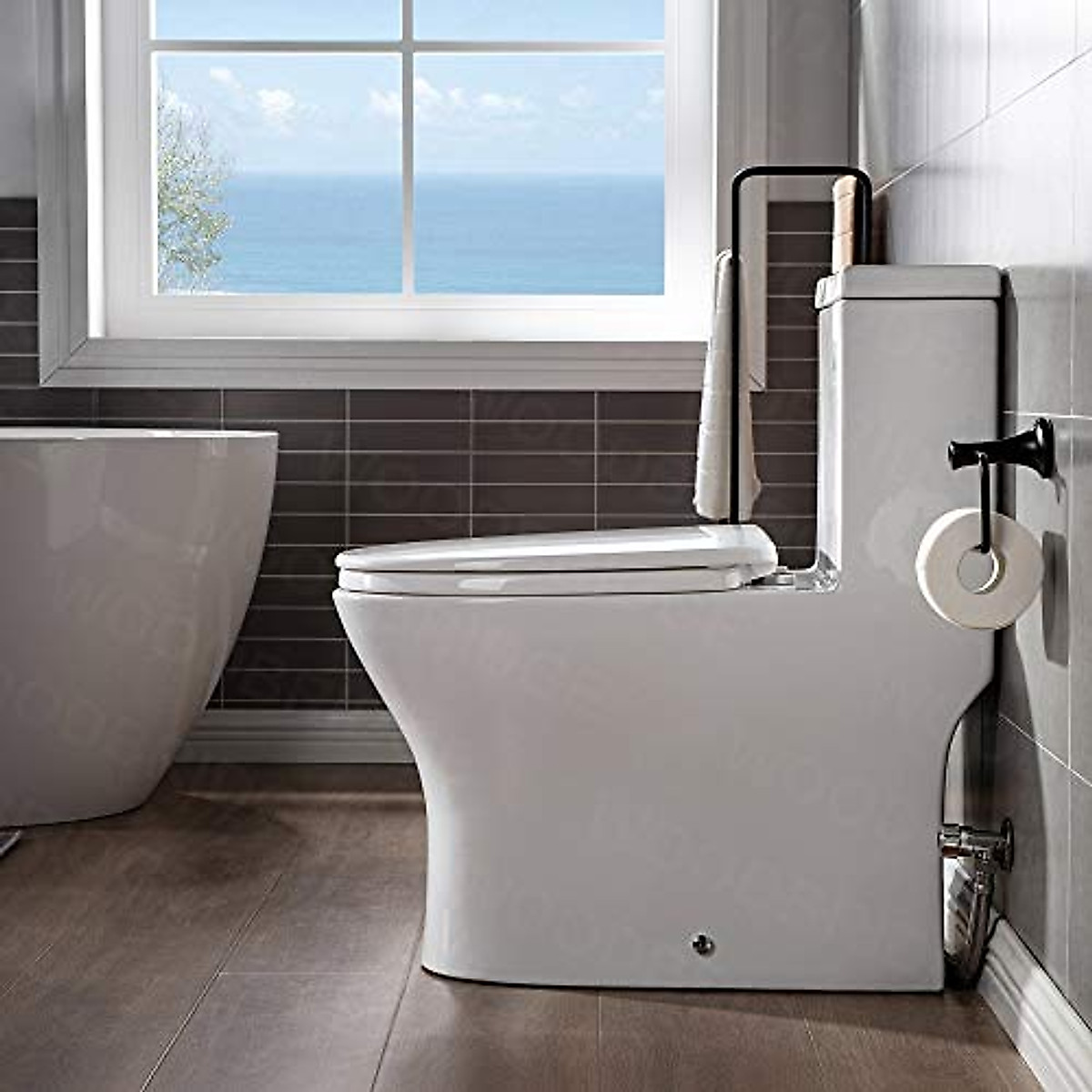 WOODBRIDGEE Modern Elongated One piece Toilet Dual flush 1.0/1.6 GPF,with Soft Closing Seat,1000 Gram MaP Flushing Score Toilet with Oil Rubbed Bronze Button,B0750-ORB,White