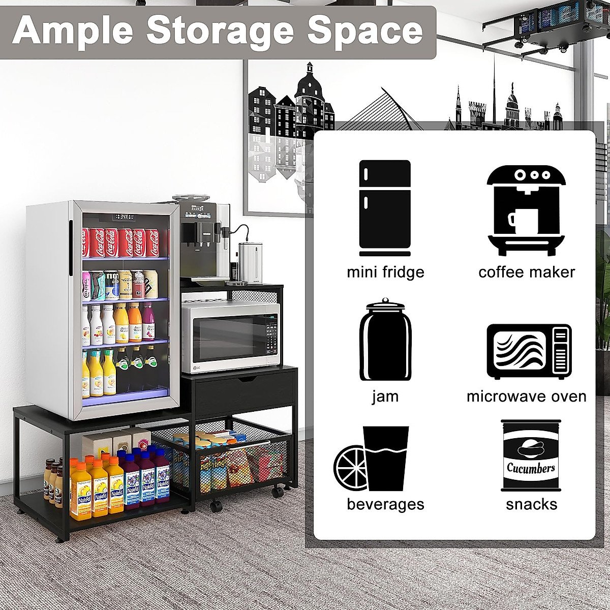 PUNCIA Mini Fridge Stand with Storage Coffee Bar Cabinet with Power Outlet Beverage Wine Refrigerator Table Microwave Oven Stand Rack with Large Capacity Drawer and Basket for Home Office Dorm
