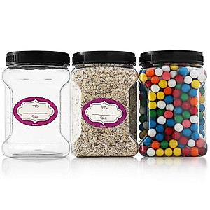 DilaBee Clear Plastic Storage Jars with Lids - 3 Pack - Half Gallon Square Containers for Candy, Cookie, Paint, Laundry Pods & More - Canisters with Pinch Grip Handles - BPA-Free - 64 Oz