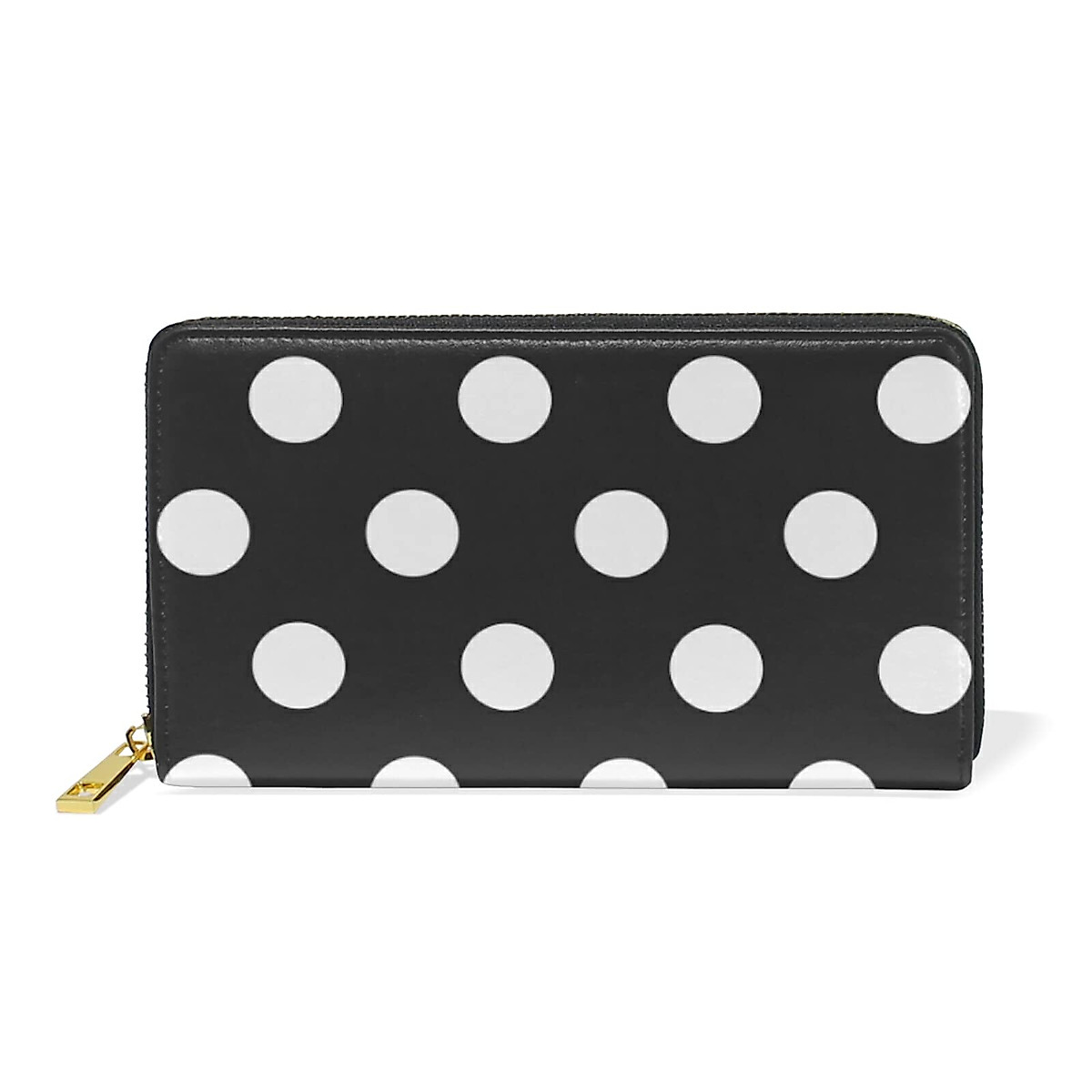 Seamless White Polka Dots on Black Dark Leather Long Wallet Organizer with Zipper Purse Clutch Bag for Women Men