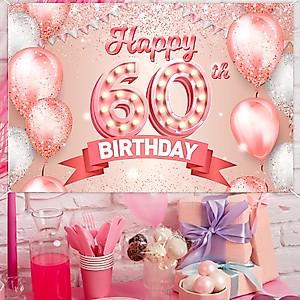 Happy 60th Birthday Rose Gold Banner Cheers to 60 Years Old Backdrop Confetti Balloons Theme Decor Decorations for Women 60 Years Old Pink Birthday Party Supplies Bday Background Favors Gift Glitter