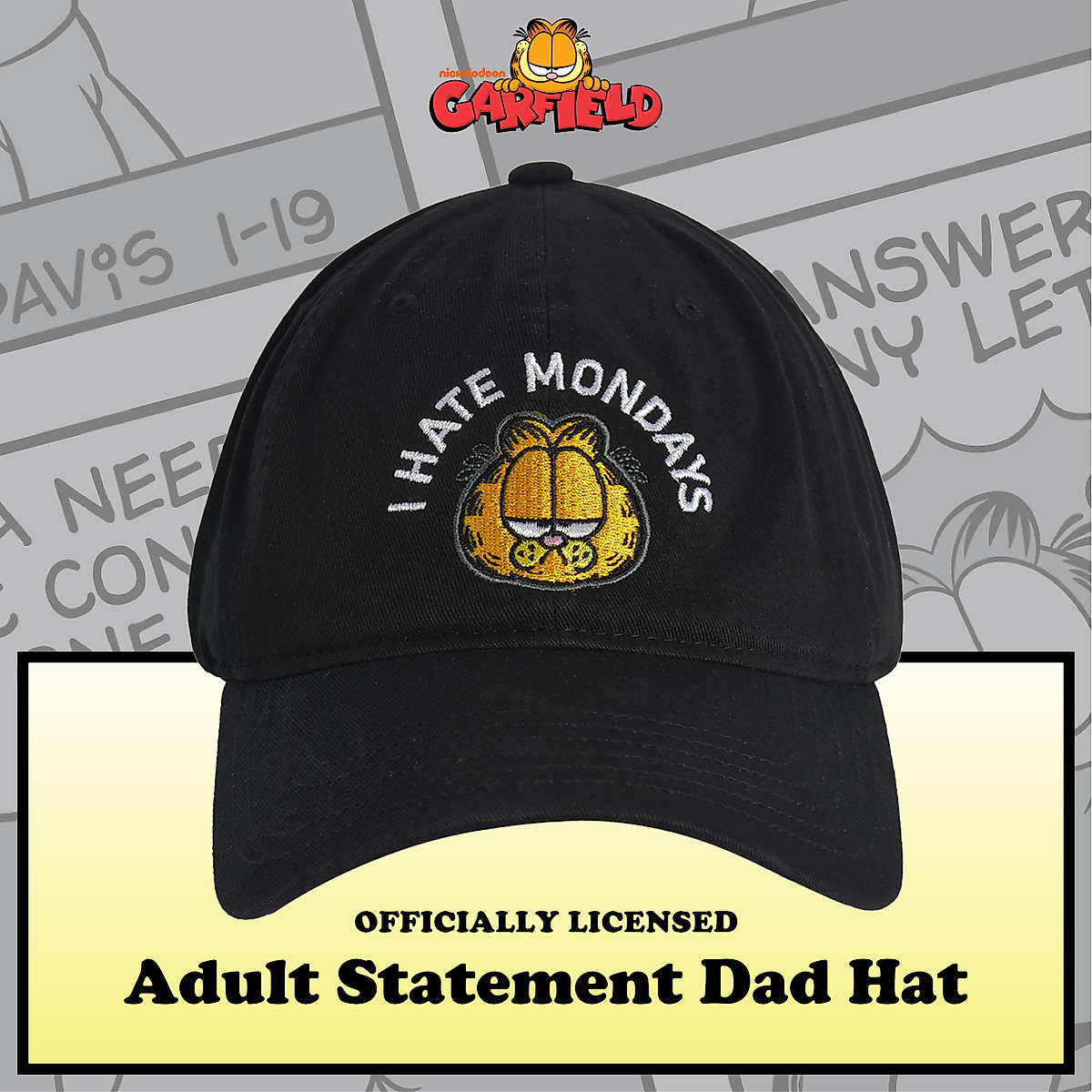 Garfield Dad Hat, Cotton Adjustable Baseball Cap with Curved Brim, Black, One Size